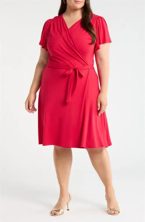 Loveappella Flutter Sleeve Faux Wrap Jersey Dress - Red