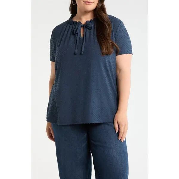 Loveappella Swiss Dot Blouson Top - Navy