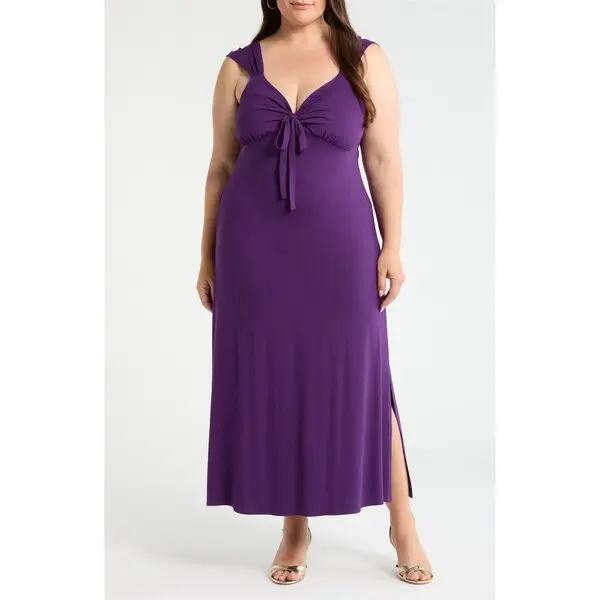 Loveappella Tie Front Jersey Maxi Dress - Dark Purple