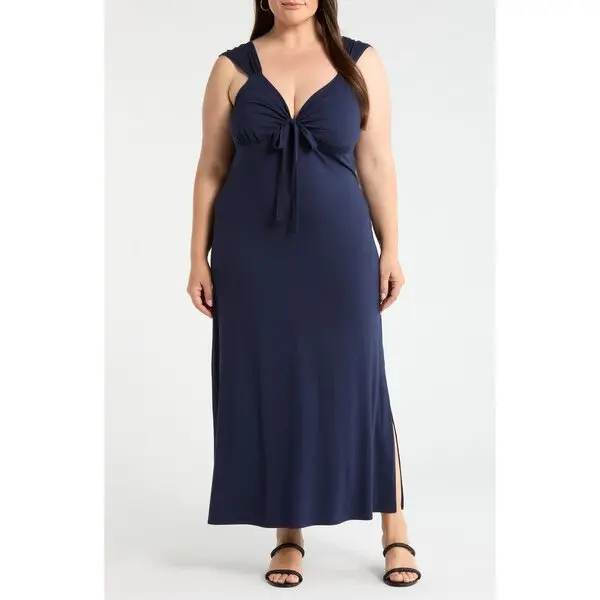 Loveappella Tie Front Jersey Maxi Dress - Navy