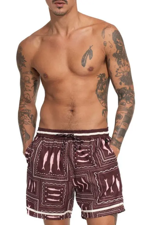 Agua Bendita Printed Swim Trunks - Brown Multi