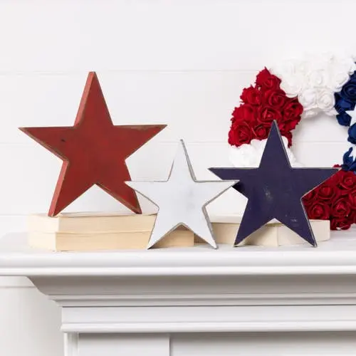 TRANSPAC Wood 8.4 In. Patriotic Star Block Decor Set Of 3