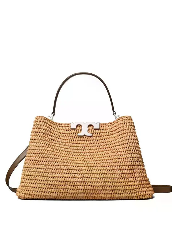 Tory Burch Eleanor Raffia Satchel With Leather Trim - Neutrals