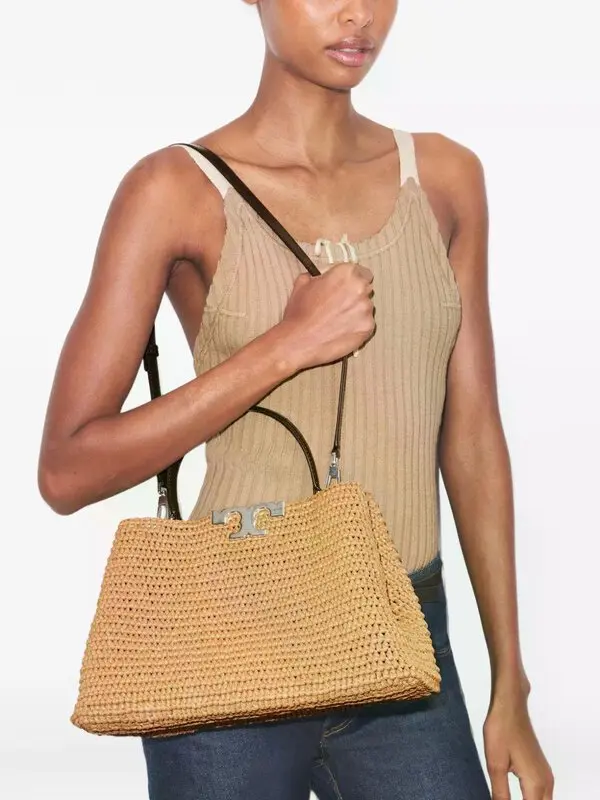 Tory Burch Eleanor Raffia Satchel With Leather Trim - Neutrals