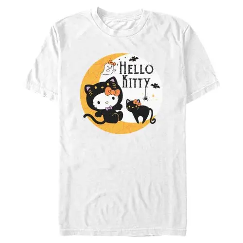 HELLO KITTY Halloween Black Cat And Moon Short Sleeve Graphic T-shirt - White