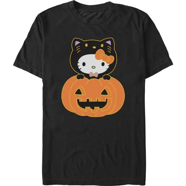 HELLO KITTY Halloween Pumpkin And Kitty T Shirt - Black