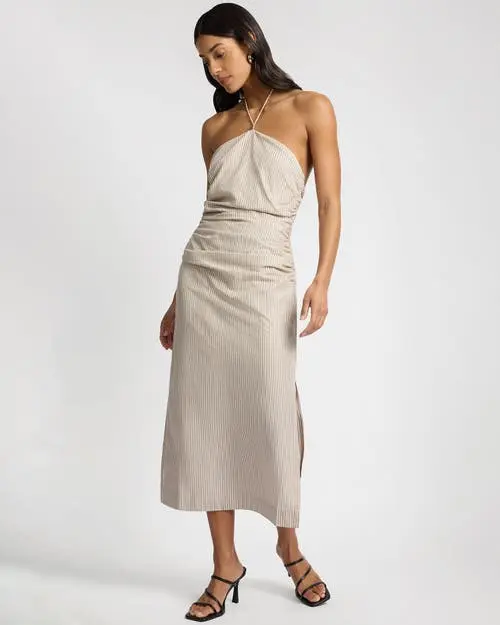 Onia Ruched Halter Midi Dress - Tan/white