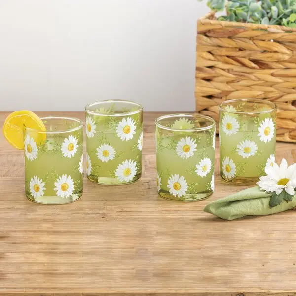 TRANSPAC Glass Daisy Juice Glasses Set Of 4 Wood For Spring Serving And Entertaining - Multicolored