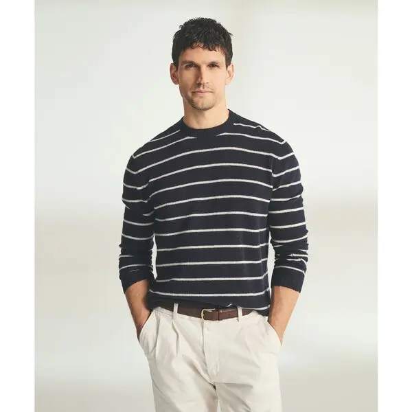 Naadam Lightweight Cashmere Striped Crewneck - Navy Combo