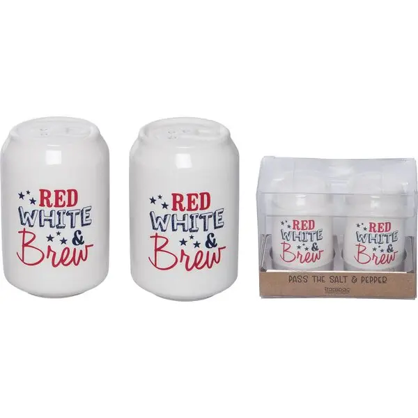 TRANSPAC Ceramic Can Brew Salt And Pepper Set Of 2 For Patriotic Serving And Entertaining - Multicolored