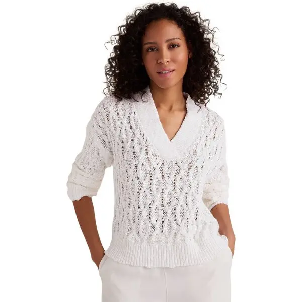 HAVEN WELL WITHIN Slubby Cotton Linen V-neck Sweater - White