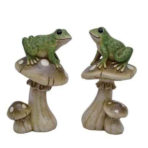 TRANSPAC Resin Frog On Mushroom Set Of 2 Multicolored For Spring Home Decor - Green