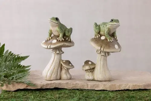 TRANSPAC Resin Frog On Mushroom Set Of 2 Multicolored For Spring Home Decor