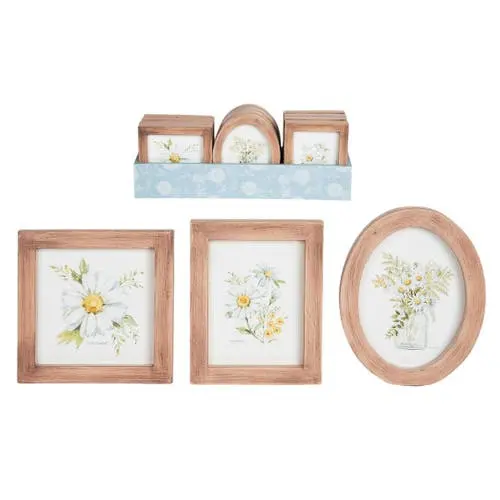 TRANSPAC Set Of 12 Small Mdf Framed Daisy Artcharming Floral Decor For Home Or Office - Multicolored