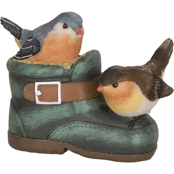 TRANSPAC 5.5 Inch Multicolor Spring Birds In Boot Decorative Figurine Polyresin Spring Decor - Multicolored