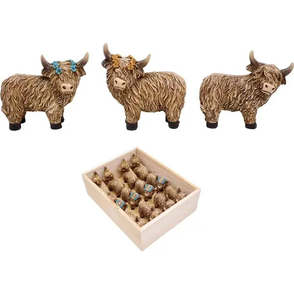 TRANSPAC Resin Highland Cow Figurines Set Of 12 For Spring Home Decor - Brown
