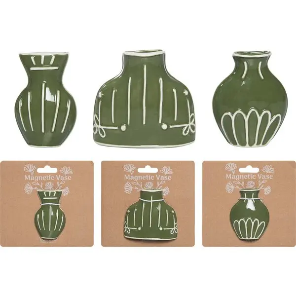 TRANSPAC Dolomite Flat Magnetic Vases Set Of Green For Floral Display And Home Decor - 3