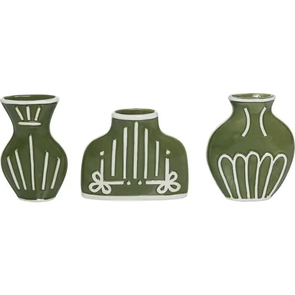 TRANSPAC Dolomite Flat Vases Set Of Green For Floral Display And Home Decor - 3