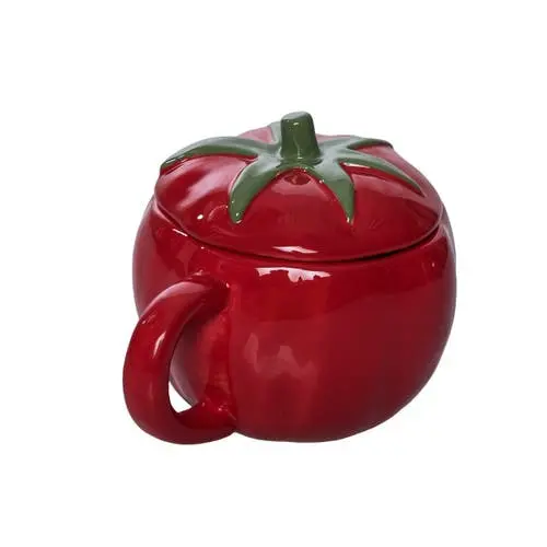 TRANSPAC Dolomite 10 Oz Tomato Mug With Lid And Green For Spring Serving And Entertaining