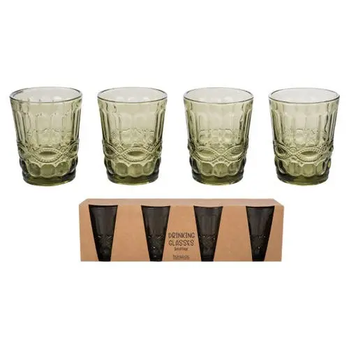 TRANSPAC Embossed Juice Glass Set Of 4 Stylish Drinkware For Home Decor And Spring Gatherings Indoor Use - Green