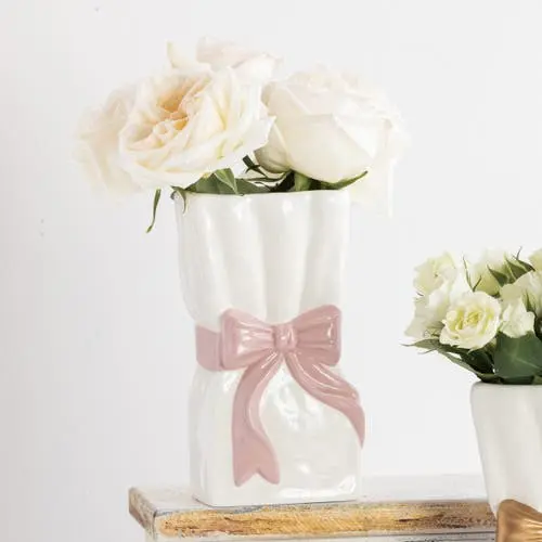 TRANSPAC Dolomite Ribbon Pink Vase For Floral Display And Home Decor