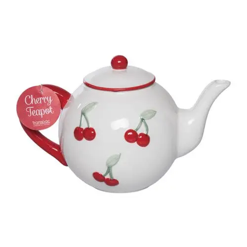 TRANSPAC Dolomite Cherry Teapot With Lid For Spring Serving And Entertaining - Multicolored