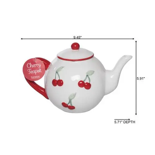 TRANSPAC Dolomite Cherry Teapot With Lid For Spring Serving And Entertaining