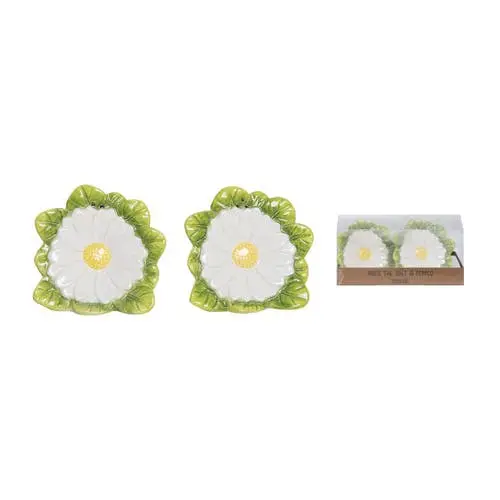 TRANSPAC Dolomite Daisy Salt And Pepper Set Of 2 For Spring Serving And Entertaining - Multicolored