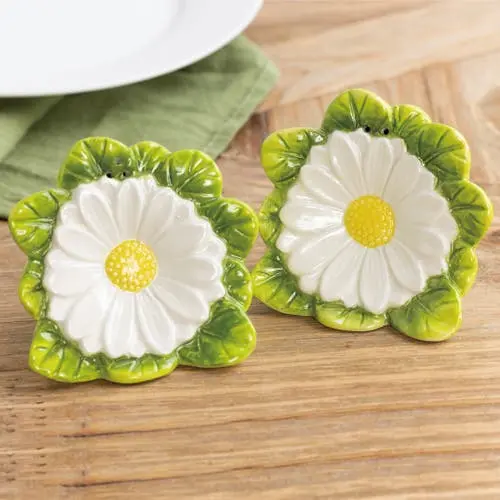 TRANSPAC Dolomite Daisy Salt And Pepper Set Of 2 For Spring Serving And Entertaining