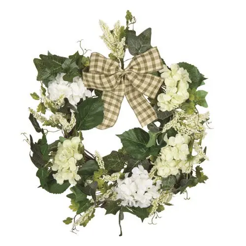 TRANSPAC 24 Inch Multicolor Spring Gingham Bow Wreath Fabric Canvas Decorative Spring Wreath For Home Decor - Multicolored