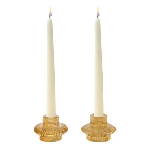 TRANSPAC Glass Taper Candle Holder Set Of 2 For Spring Tabletop Lighting - Yellow