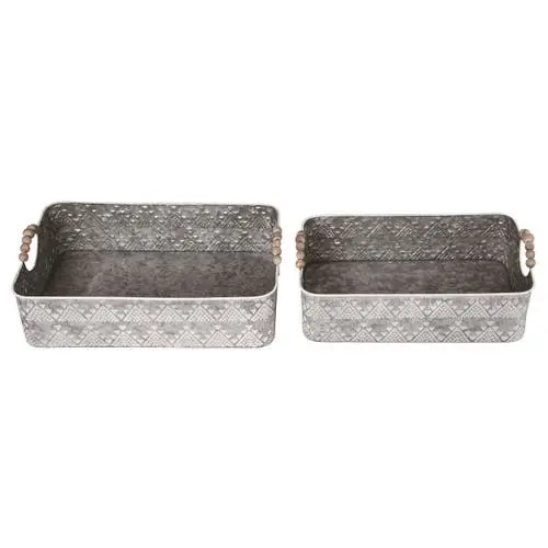 TRANSPAC 16.5 Inch Spring Whitewashed Nested Trays Set Of 2 Metal Serving Trays For Spring Decor - Silver