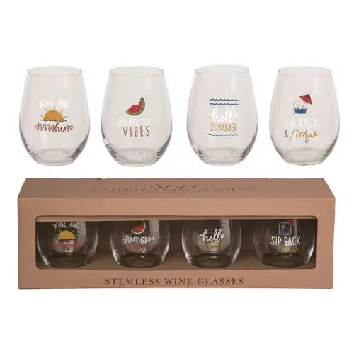TRANSPAC 18 Oz Multicolor Spring Stemless Wine Glasses Set Of 4 Perfect For Summer Vibes And Entertaining - Multicolored
