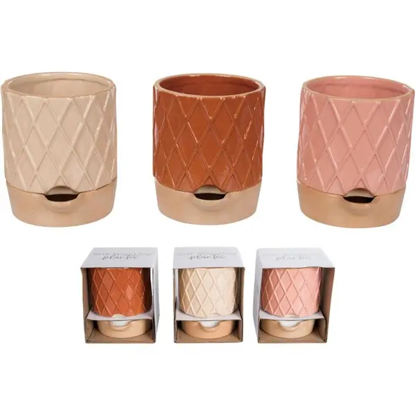 TRANSPAC Small Terracotta Etched Self Water Planter Set Of 3 Home Decorations For Spring Planters - Multicolored