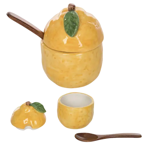TRANSPAC Ceramic Lemon Sugar Dish With Wood Spoon, Color Dolomite, 4x3x3in, Spring Home Decor - Multi