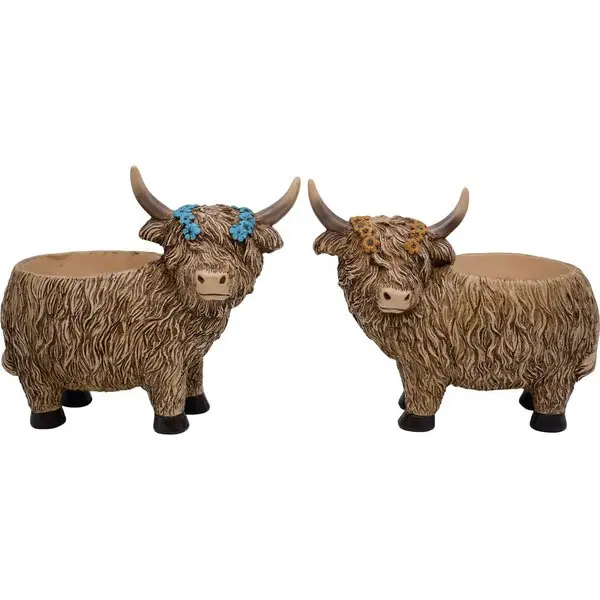 TRANSPAC Resin Highland Cow Planter Set Of 2 For Spring Garden Decor - Brown