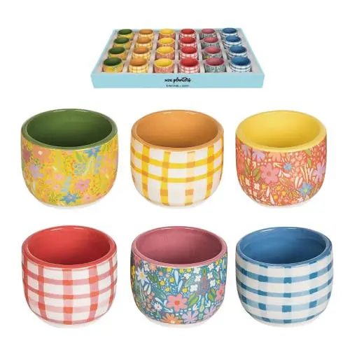 TRANSPAC Mini Dolomite Summery Pots Set Of 24ceramic Planters For Indoor And Outdoor Use - Multicolored