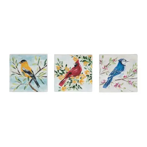 TRANSPAC Wood Blocks Hand Painted Birds Set Of Multicolored For Spring Home Decor - 3