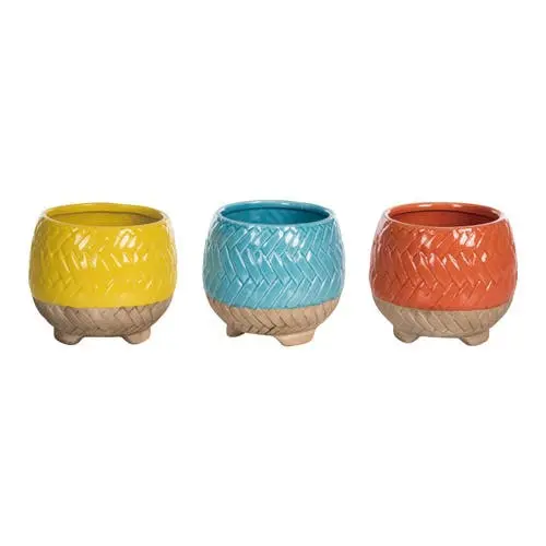 TRANSPAC Dolomite Colorful Basket Weave Planter Set Of Set Of Multicolored For Spring Garden Decor - 3