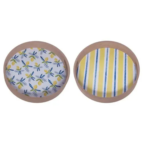 TRANSPAC Wood Serving Tray Citrus Set Of 2 Multicolored For Spring Tabletop Decor - Yellow