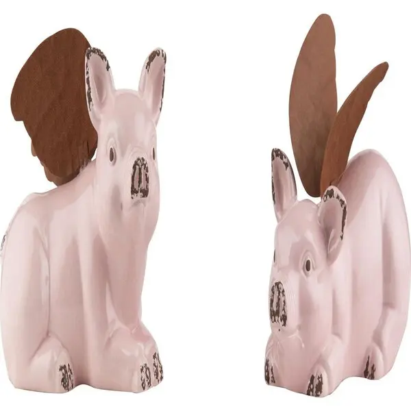 TRANSPAC Set Of 2 Medium Pink Ceramic Flying Piggies With Wings 4.0in Home Decor Spring Summer Decorative Objects - Multicolored