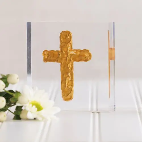 TRANSPAC Acrylic Block With Gold Cross For Spring Home Decor - Multicolored