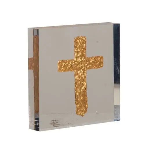 TRANSPAC Acrylic Block With Gold Cross For Spring Home Decor