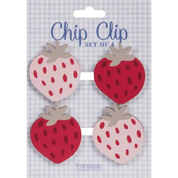 TRANSPAC Wood Strawberry Bag Clips Set Of 4 For Spring Kitchen Storage And Decor - Multicolored