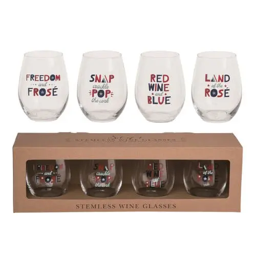 TRANSPAC 18oz Patriotic Stemless Glasses Set Of 4 Perfect For July 4th Celebrations And Drinkware - Clear