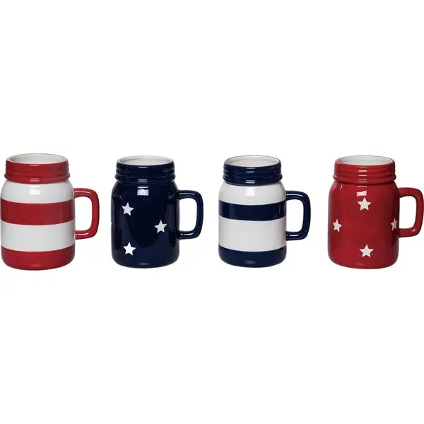 TRANSPAC Ceramic Mason Jar Mug Stars And Stripes Set Of 4 Multicolo For Patriotic Serving And Entertaining - Red