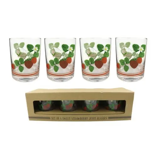 TRANSPAC Set Of 4 Glass Strawberry Juice Glasses Perfect For Refreshing Drinks And Stylish Entertaining - Multicolored
