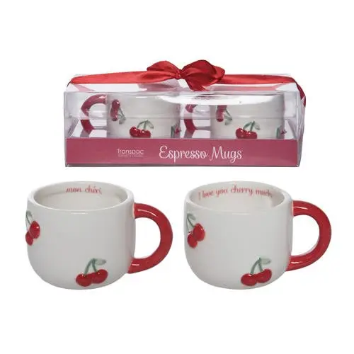 TRANSPAC Dolomite Espresso Cherry Mug Set Of 2 For Spring Serving And Entertaining - Multicolored