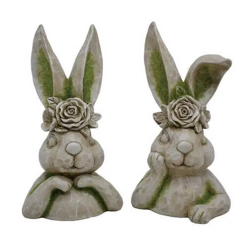TRANSPAC Resin Mossy Bunny Bust Set Of 2 Multicolored For Spring Home Decor - Brown