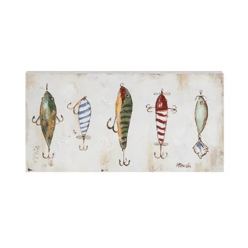 TRANSPAC Mdf Hand Painted Fish Hook Block Decor For Spring Home Decor - Multicolored